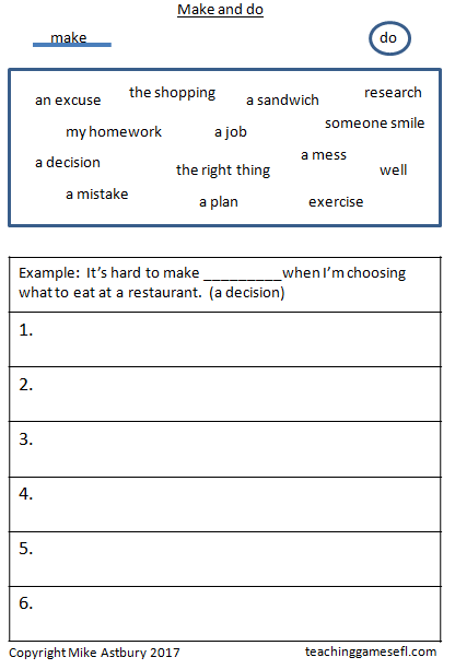 Make and Do – Collocation Revision – TeachingGamesEFL.com – by Mike Astbury